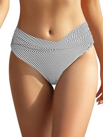 SHEKINI Bas de bikini rétro pour femme - Coupe ventre plat - Classique - Noir - Grandes tailles - Pour femme, rayures, XXL