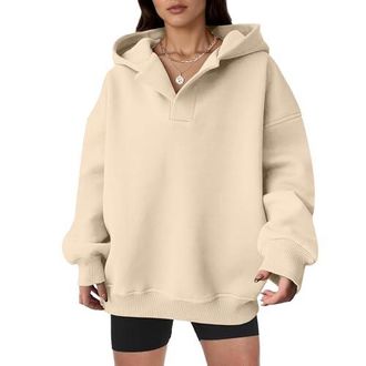 Generic Sweat &agrave; capuche surdimensionn&eacute; pour femme, col en V, polaire, manches longues, parfait pour lautomne et lhiver, beige, XXL