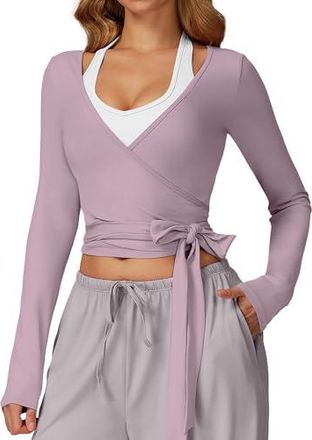 Feoya Haut Cache-CoeUr pour Femme De Ballet &agrave; Manches Longues Nou&eacute; sur Le Devant Yoga Pilates Haut De Gymnastique Dancewear Violet M