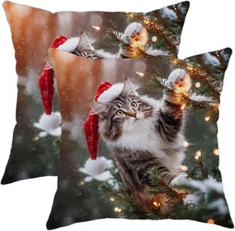 Generic Weihnachtskatzen-Kissenbez&uuml;ge, Weihnachtsmannm&uuml;tze, dekorative Kissenbez&uuml;ge f&uuml;r Ferienhaus, Sofa, Bett, Dekoration, 45,7 x 45,7 cm, 2 St&uuml;ck