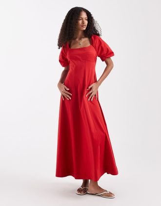 Asos Robe mi-longue en satin de coton avec encolure carr&eacute;e et lani&egrave;re dans le dos - Rouge tomate