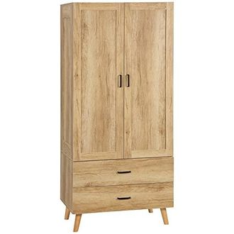 HOMCOM Armoire penderie avec 2 Portes, 2 tiroirs et et Barre de Suspension, Armoire &agrave; v&ecirc;tements, Dressing, Style Moderne, 80 x 54 x 180 cm, Bois Naturel