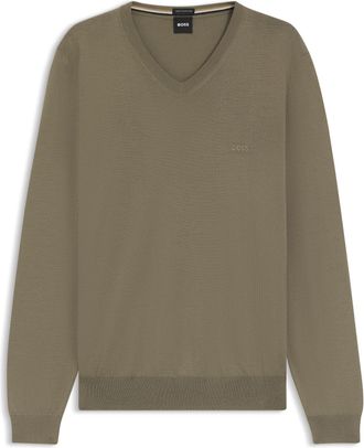 BOSS Herren Baram-L Pullover aus Schurwolle mit V-Ausschnitt und Logo-Stickerei Hellbraun M