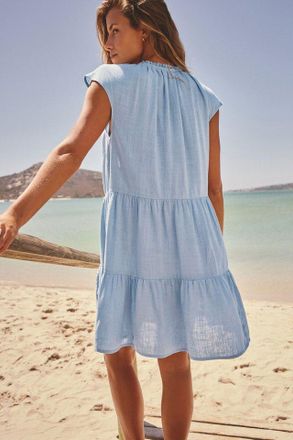 Next Minikleid Gestuftes Minikleid mit V-Ausschnitt und Leinen (1-tlg)