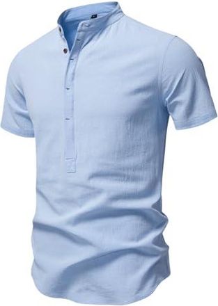 Generic Chemise d&eacute;t&eacute; en coton et lin &agrave; manches courtes pour homme - Col montant - Col montant - Tendance - Col en V - L&eacute;ger et respirant, bleu clair, XXL