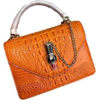 Generic Sac à main tendance en cuir de crocodile véritable pour femme avec chaîne en cuir dalligator et croix pour femme, petit sac à main orange