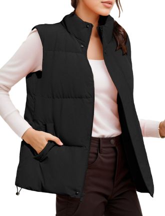 Feoya Damen Weste Kurz Pufferweste Stehkragen Steppweste &Auml;rmelloser Winterjacke Warm Winterweste mit Taschen Schwarz XL