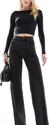 Only Tall Hope - Jeans in verwaschenem Schwarz mit Strass und weitem Bein