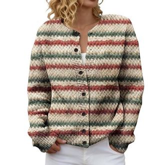 Generic Cardigan de Noël imprimé rayé pour femme, pull graphique rétro boutonné sur le devant, veste à manches longues élégante, décontractée, douce et chaude