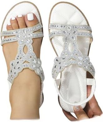 Generic Sandales plates avec strass pour femme - Large largeur - Confortables - Antid&eacute;rapantes - Style d&eacute;contract&eacute; - Sangle boh&egrave;me - Chaussures de marche r&eacute;gl