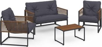 IDMarket Salon de jardin bas rio 4 places structure métal gris anthracite, cordage rotin et coussins gris