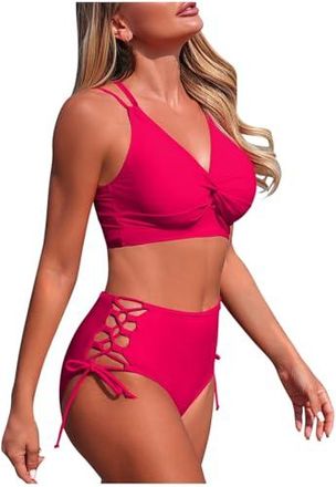 Generic Maillot de bain deux pi&egrave;ces taille haute pour femme - Effet gainant - Effet push-up et cordon de serrage - Maillot de bain crois&eacute; &agrave; nouer dans le dos,