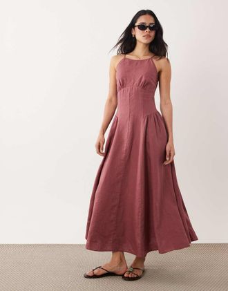 Abercrombie & Fitch Hochgeschlossenes Midikleid in Burgunderrot mit tiefer Taille