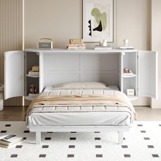 Liberte Lit escamotable 140x200 mural blanc, sommier inclus, design cannage rotin, rangements int&eacute;gr&eacute;s