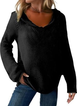 Generic Pull pour femme en crochet ajour&eacute; &agrave; manches longues et &eacute;paules tombantes - Pull &agrave; capuche l&eacute;ger - Coupe ample - Cache-maillot de plage d&eacute;contract&eacute; au 