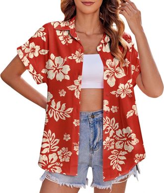 Generic Hawaii Hemd Damen Kurzarm Hawaiihemd Sommer Strandshirt Funky Hawaiibluse Fronttasche Party Hemden Hawaii Outfit Damen Casual Hemdbluse Shirt Tops Bea