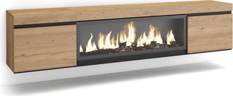 Skraut Home | TV-Schrank, Lowboard | f&uuml;r Wohnzimmer und Esszimmer | 210 | F&uuml;r TV-Ger&auml;te bis zu 80 | Elektrokamin XXL | H&auml;ngend | Moderner Stil | Eiche