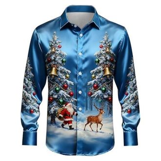 Generic Chemise de Noël à manches longues pour homme Imprimé Père Noël Chemise boutonnée Col montant Chemisier tendance décontracté T-shirt amusant de Noël po