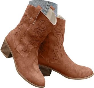 Generic Bottes de cowboy pour femme, coupe large, bottes de cowboy en daim brod&eacute;, bottes de cowgirl confortables &agrave; talon &eacute;pais brod&eacute;, bottes occidentales r&eacute;tr