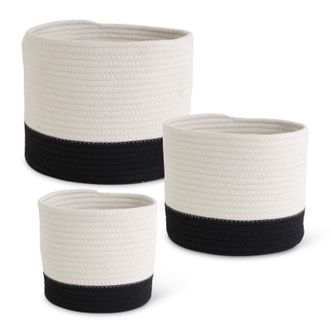 K&K Interiors K&K Interiors 16625A-BK Korb aus Baumwolle, rund, mit schwarzem Boden, Weiß, 3 Stück