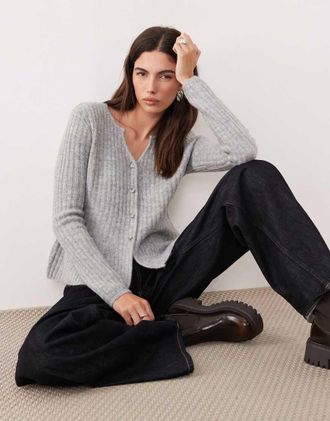 Vero Moda Strukturierte Strickjacke in Hellgrau meliert mit Sch&ouml;&szlig;chensaum