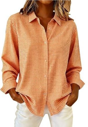 Generic Chemise &agrave; manches longues &agrave; carreaux pour femme - Grandes tailles - Col en V - Boutonni&egrave;re - Chemisier boutonn&eacute; - Coupe ample - T-shirt &agrave; manches long