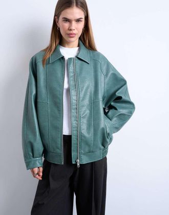 Topshop Jacke aus PU in Petrol mit Ziernaht und Rei&szlig;verschluss-Blau