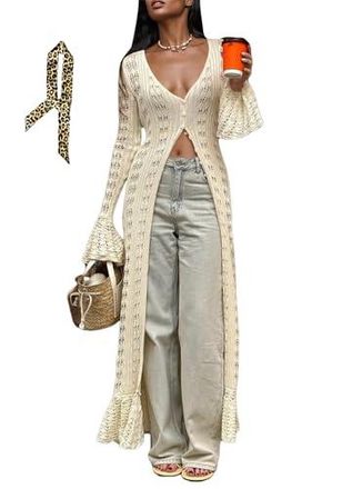 Generic Cardigan long en crochet &agrave; manches longues pour femme, abricot, L