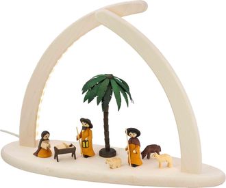 Seiffener Volkskunst | LED Spitzbogen Weihnachtsbogen Weihnachtsdeko | Schwibbogen Lichterbogen Fensterbeleuchtung aus dem Erzgebirge | 43x33 cm | Christi Geburt