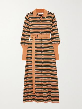 Chlo&eacute; Midikleid Aus Einer Gestreiften Wollmischung Mit G&uuml;rtel - Gelb