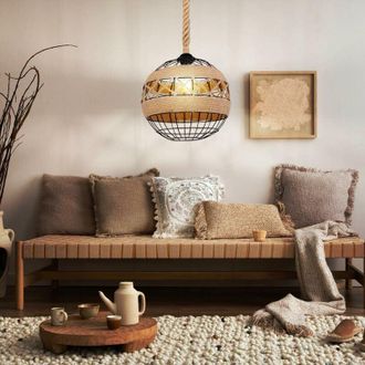 Globo Lighting H&auml;ngeleuchte Pendelleuchte Retro Hanfseil Boho Esstischleuchte, Drahtgeflecht schwarz, 1x E27, DxH 30 x 120 cm