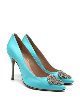 Manolo Blahnik Okkava 105 Turquoise Satin Heels Size 39