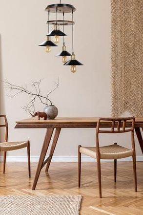 Opviq Industrial Rustic Chandelier, Wooden Body & Metal Cap, 35 cm Diameter, 80 cm Height, Adjustable, E27 Socket, Brown & Black | Perfect for Country Homes