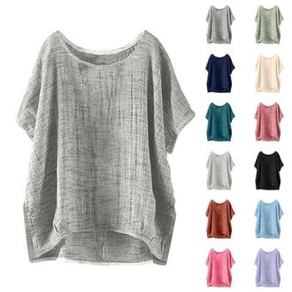 Generic Chemisiers en coton pour femme - Grande taille - Haut en &eacute;tamine de couleur unie - T-shirt d&eacute;contract&eacute; &agrave; col rond - T-shirt tendance pour sortir - T-s