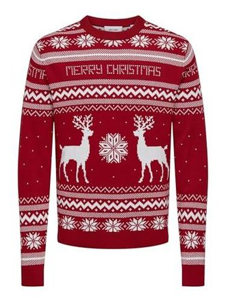 Only & Sons Onsxmas Reg 5 Jaq Crew Knit Pull en Tricot, Rouge Pomp&eacute;i, L Homme