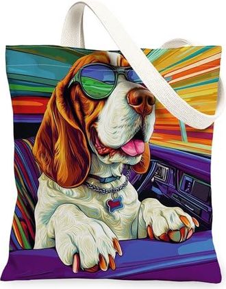 Generic Basset Hound Sac fourre-tout en toile r&eacute;utilisable pour faire du shopping 33 x 38,1 cm, sac d&eacute;picerie r&eacute;utilisable pour femme, animal domestique, plag