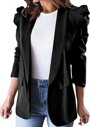 Generic Vestes d&eacute;contract&eacute;es pour femmes 2026 avec manches bouffantes et poches ouvertes sur le devant, Noir, XXL