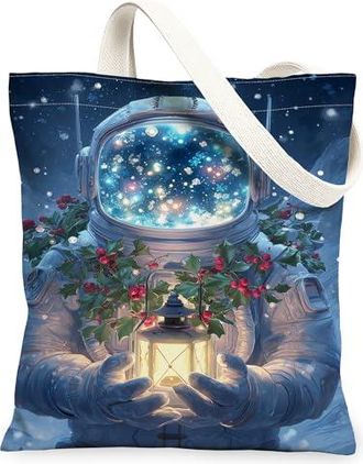 Generic Sacs fourre-tout en toile motif astronaute, motif vacances dhiver, sacs d&eacute;picerie r&eacute;utilisables, l&eacute;gers et lavables avec bandouli&egrave;re C, Bleu, 13x15 In