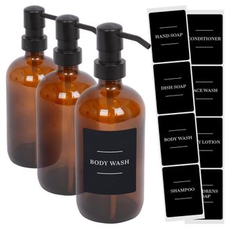 Harbour Housewares 3X Seifenspender aus Glas mit Etiketten - 500ml - Bernstein - Badezimmer K&uuml;che Shampoo Duschgel Fl&uuml;ssig Handw&auml;sche Schaum Pumpe Flasche