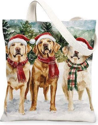 Generic Sacs fourre-tout en toile avec motif animal de No&euml;l, sacs d&eacute;picerie r&eacute;utilisables, l&eacute;gers et lavables avec bandouli&egrave;re en toile, blanc, 13x15 Inch