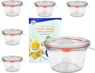 MamboCat 6er Set Weck Gläser 370ml 1/4 Liter Sturzgläser mit 6 Glasdeckeln, 6 Einkochringen und 12 Klammern mit Diamant-Zucker Gelierzauber Rezeptheft I Origin