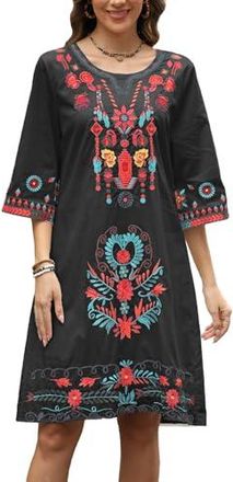 JD Williams Robe brod&eacute;e boh&egrave;me vintage &agrave; manches 3/4 et col rond pour femme, 788-noir, XXL