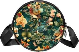 Generic Sac &agrave; bandouli&egrave;re rond pour femme, motif oiseaux orchid&eacute;es, petit sac &agrave; bandouli&egrave;re avec fermeture &eacute;clair, bretelles r&eacute;glables, sac &agrave; main rond d&eacute;cont