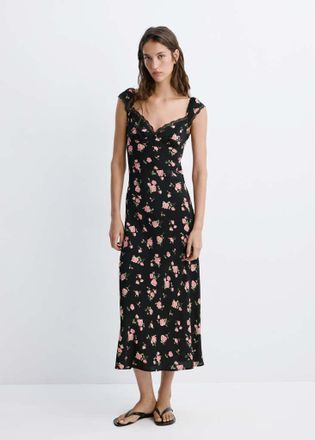 Mango Blumenkleid mit Spitzen-Detail schwarz - Damen - XXL - MANGO