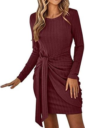 Generic Robe amincissante &agrave; manches longues et col rond pour femme - Couleur unie - Coupe ajust&eacute;e, Rouge, L