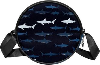 Generic Petit sac &agrave; bandouli&egrave;re rond rond pour femme, motif requins, avec fermeture &eacute;clair, bretelles r&eacute;glables, style d&eacute;contract&eacute;