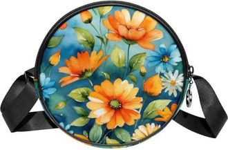 Generic Petit sac &agrave; bandouli&egrave;re circulaire pour femme, motif feuilles florales, sac &agrave; dos avec fermeture &eacute;clair, bretelles r&eacute;glables, sac &agrave; main rond d&eacute;contra
