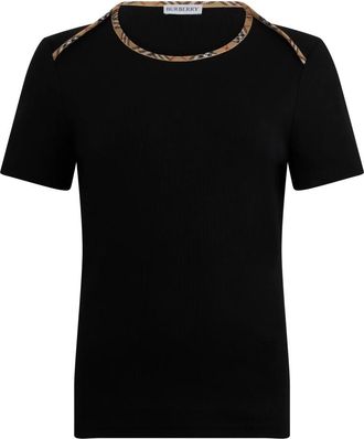 Burberry Femme, Tops, Noir, Taille: 42 FR Check Trim Cotton T-shirt