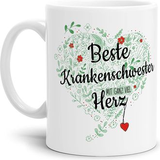 Tassendruck Berufe Tasse - Beste Krankenschwester mit ganz viel Herz - Geschenk für die beste Krankenschwester, als Dankeschön - Hochwertige Keramik, Weiß matt, 3