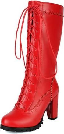 Generic Bottes hautes à lacets pour femme - Confortables - Bout rond - Fermeture éclair - Style punk gothique, Rouge, 39.5 EU